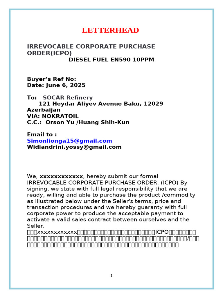 ICPO for Diesel Fuel EN590 Purchase | PDF | Invoice