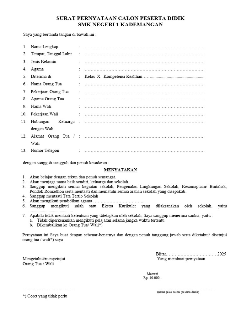 Surat Pernyataan Calon Peserta Didik Baru 2025 | PDF