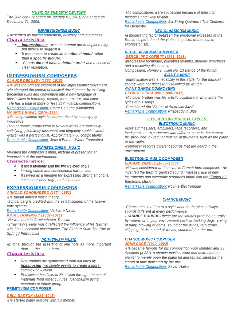 20th Century Music Styles Overview | PDF | Musicology | Musical ...