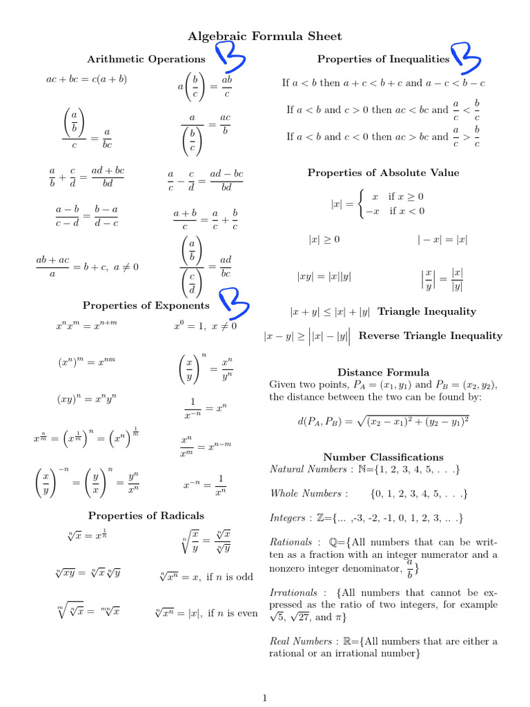Algebraic Formula Sheet: Arithmetic Operations Properties of Inequalities | PDF | Mathematics ...