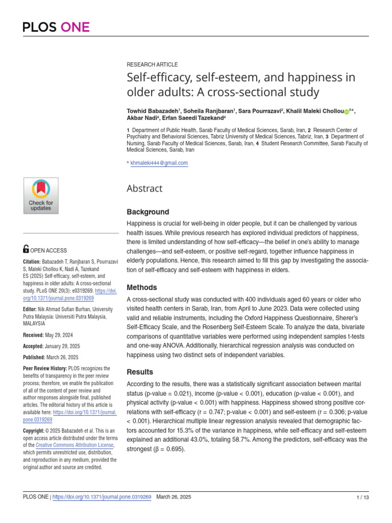 Self-Efficacy and Happiness in Seniors | PDF | Self Esteem | Self Efficacy