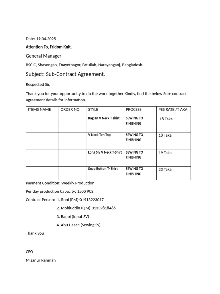 Sub Contract Agreement Fridom | PDF