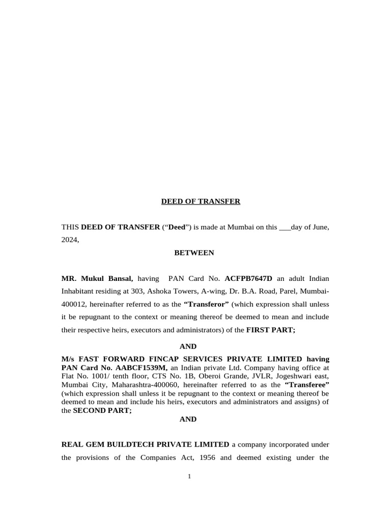 Draft - Deed of Transfer | PDF | Taxes | Deed