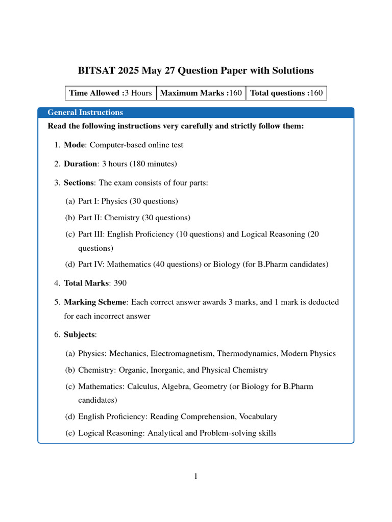 BITSAT 2025 May 27 Question Paper With Solutions: Time Allowed: Maximum ...