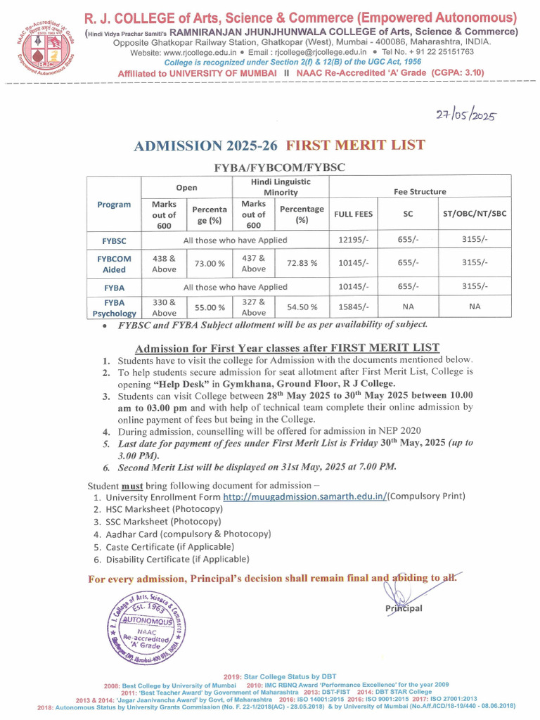 Fy Degree 1st Merit List 27th May 2025 | PDF | Educational Stages