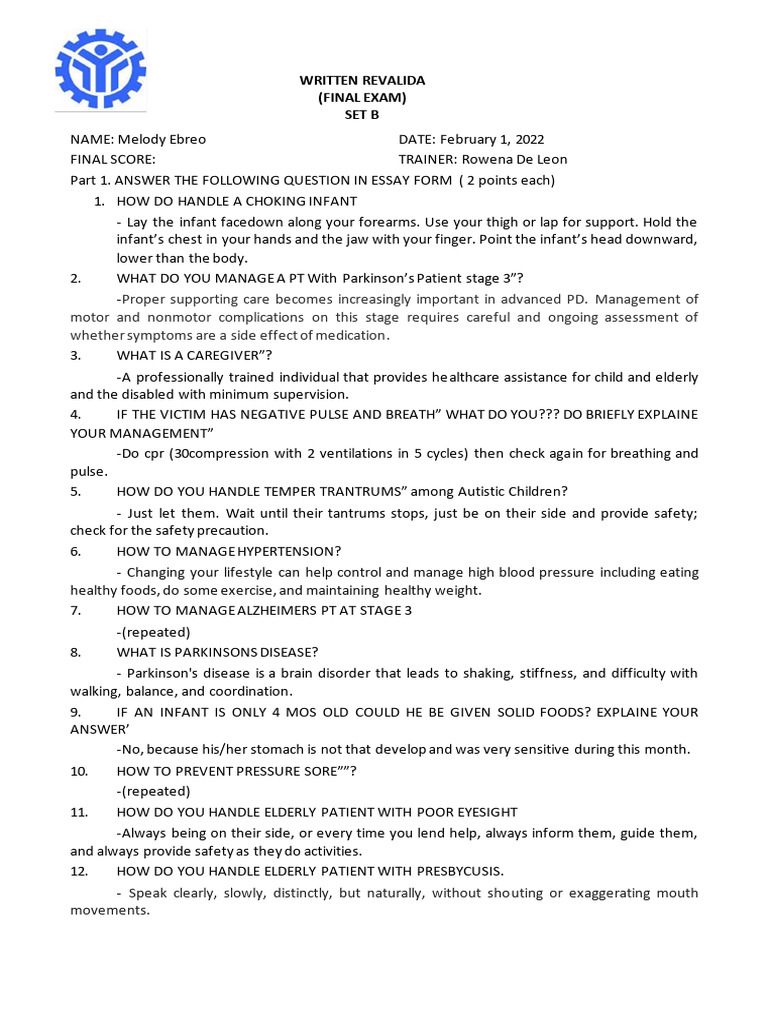 REVIEW OF REVALIDA Set B Melody P. Ebreo | PDF | Dementia | Parkinson's ...
