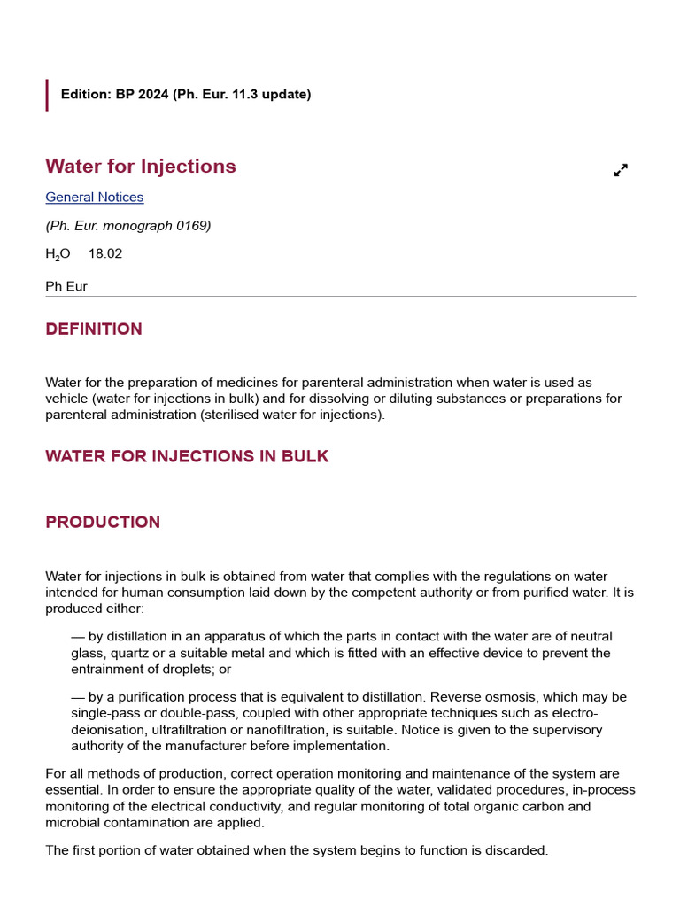 BP 2024 Water for Injections Monograph | PDF | Calibration | Water