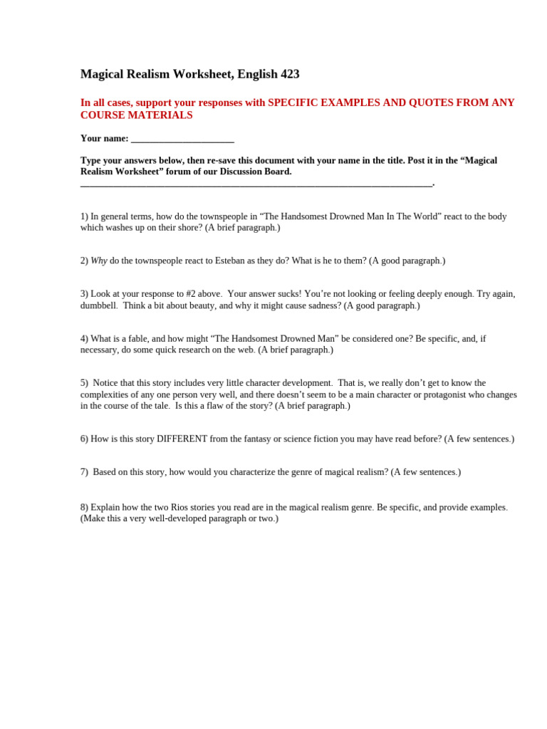 Magical Realism Worksheet for English 423 | PDF