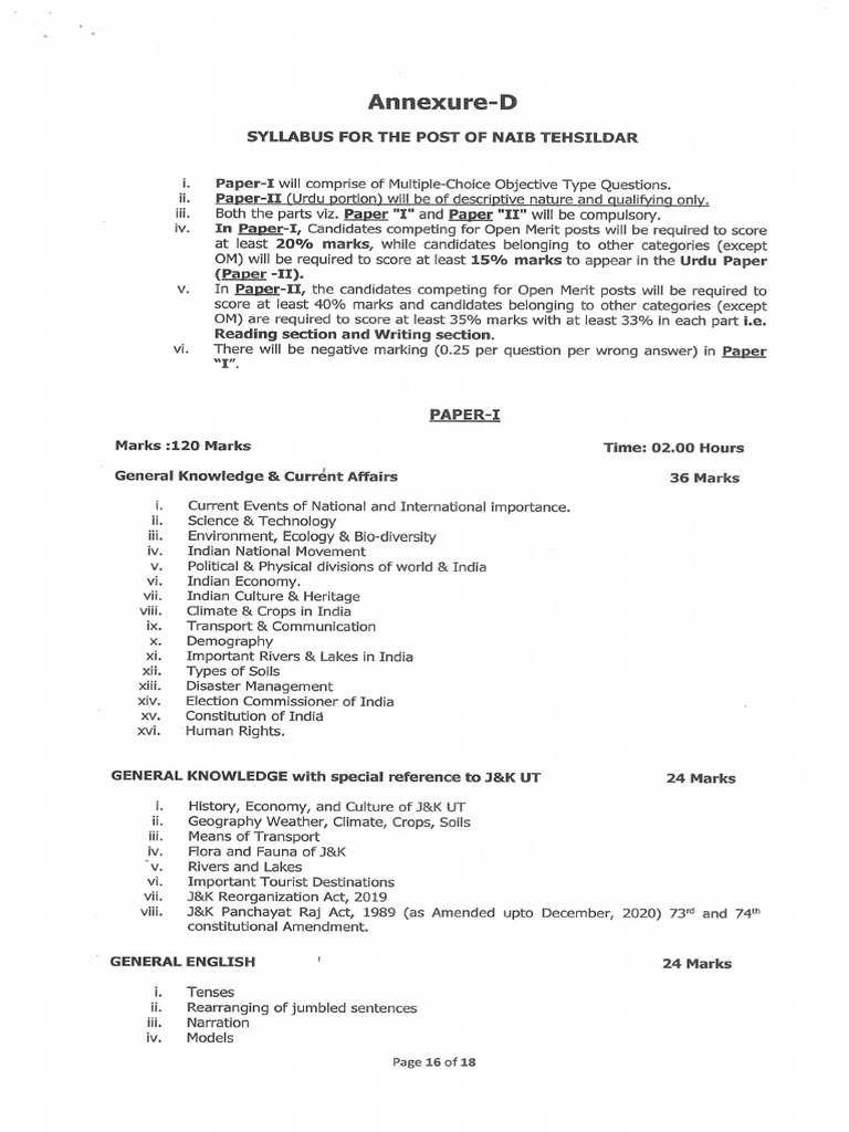 JKSSB Naib Tehsildar Syllabus 1 | PDF