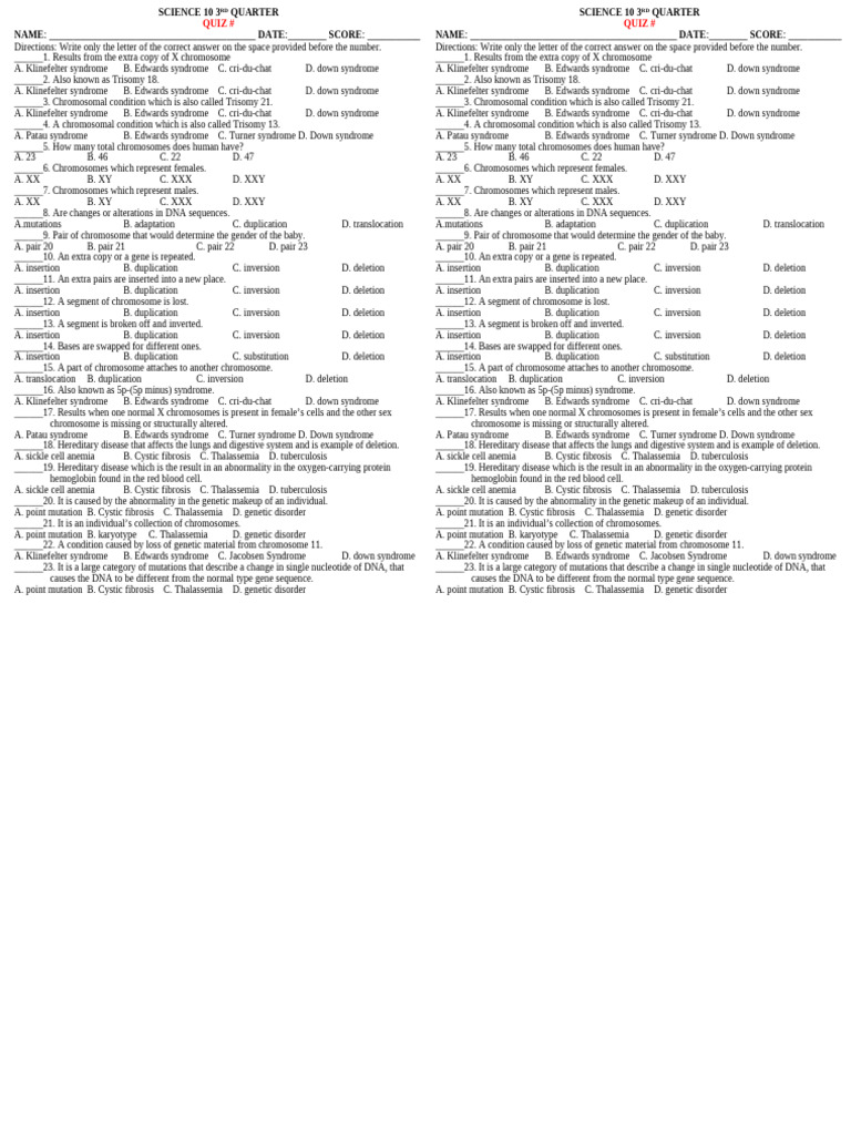 Science 10 3rd Quarter Quiz Mutations | PDF | Genetic Disorder | Gene ...