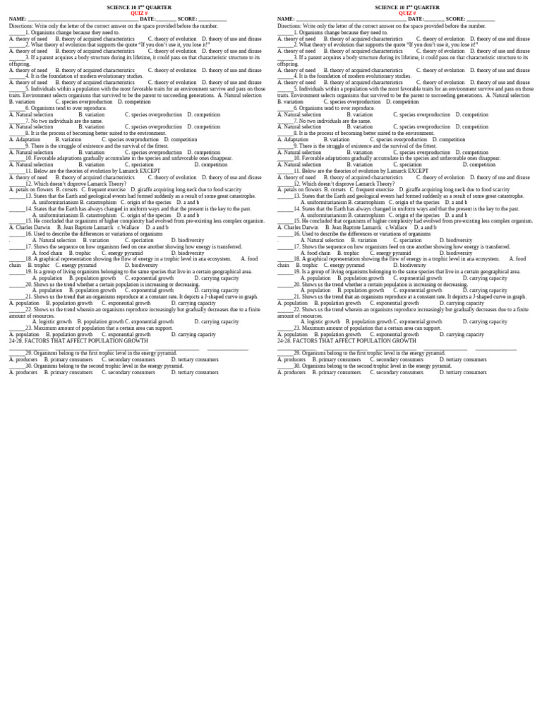 Science 10 Quiz Evolution Theories3rd Quarter | PDF | Natural Selection | Food Web