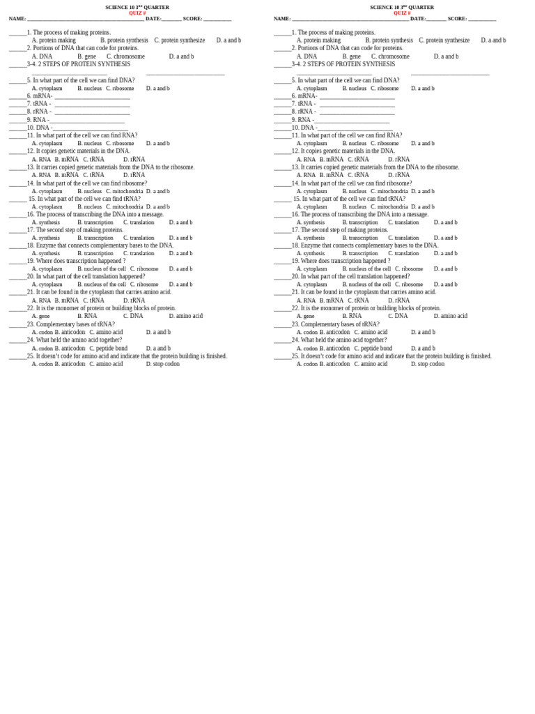 SCIENCE 10 Quiz Protein Synthesis 3RD QUARTER | PDF | Translation ...