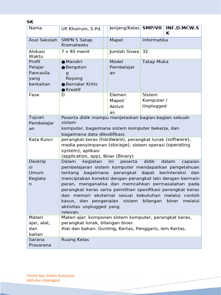 Modul Ajar Informatika - Sistem Komputer - Fase D | PDF