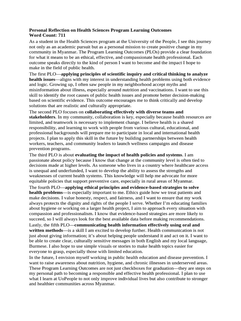 Personal Reflection On Health Sciences Program Learning Outcomes | PDF ...