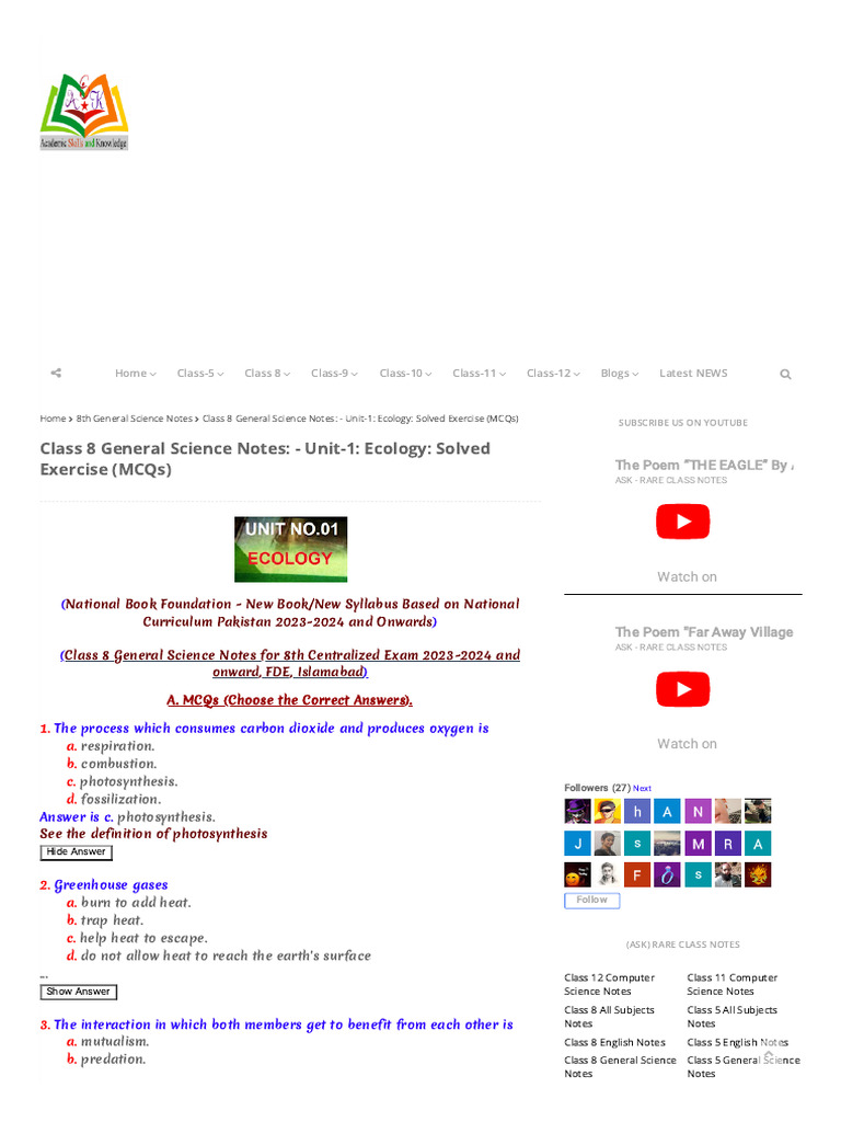 Class 8 General Science Notes - Unit-1 - Ecology - Solved Exercise ...