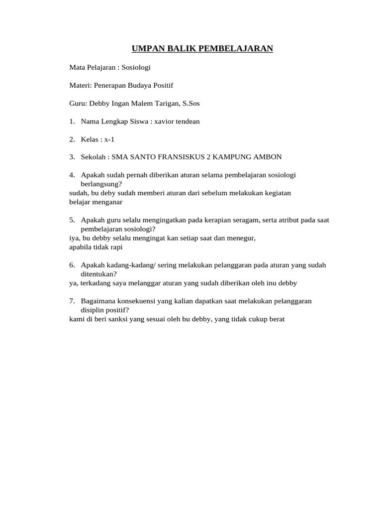 Umpan Balik Pembelajaran Disiplin Positif 2 | PDF