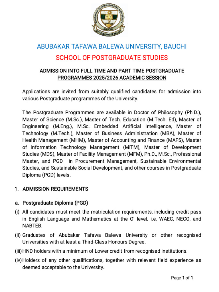 Atbu-Pg Sale of Application Forms For 2025-2026 Academic Session | PDF | Postgraduate Education ...