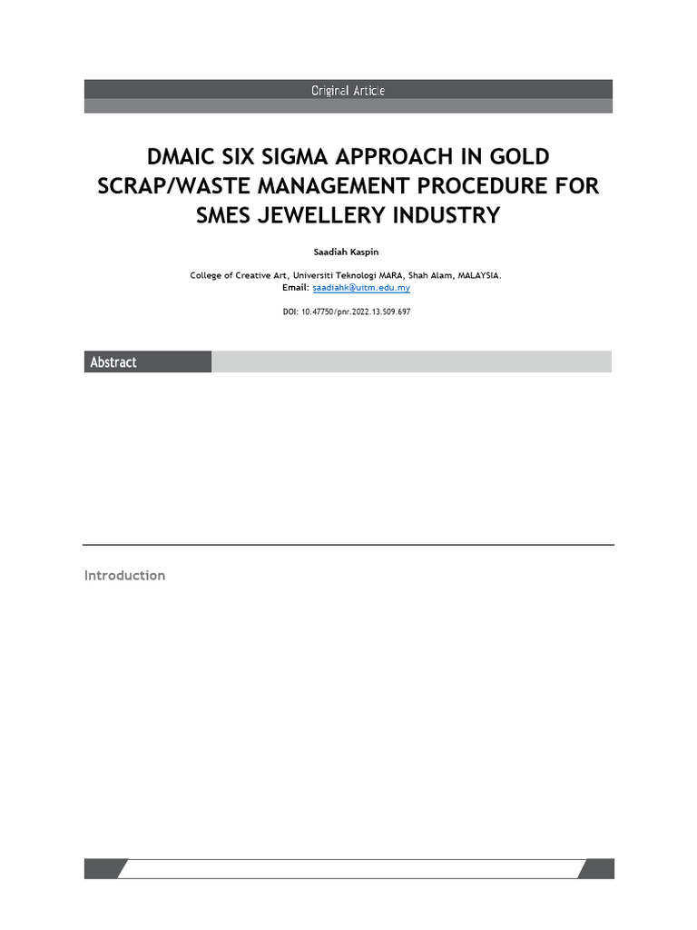 Dmaic Six Sigma Approach in Gold Scrap/waste Management Procedure For ...