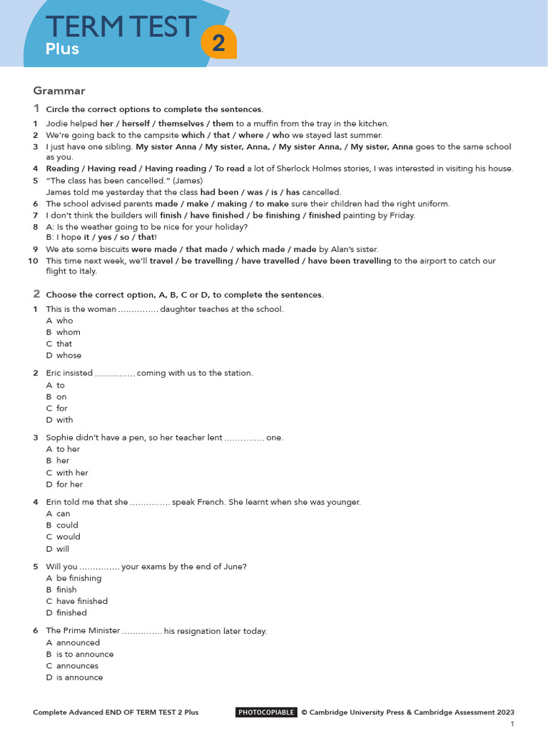 Advanced English Grammar Test 2 | PDF | Mindset | Reason