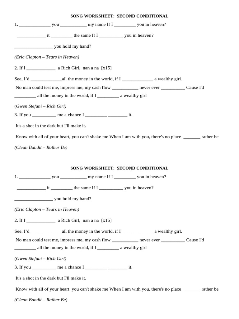 II Conditional in Songs - Exercises | PDF