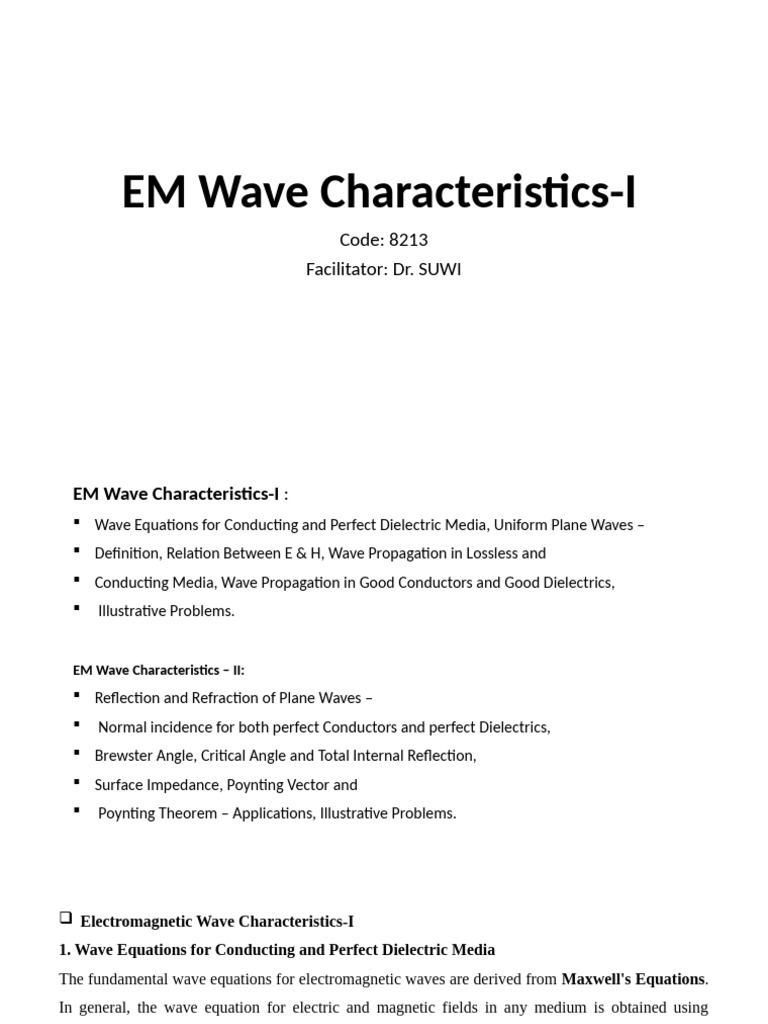 ENGINEERING ELECTROMAGNETICS II EM Wave Characteristics-I | PDF | Waves | Reflection (Physics)