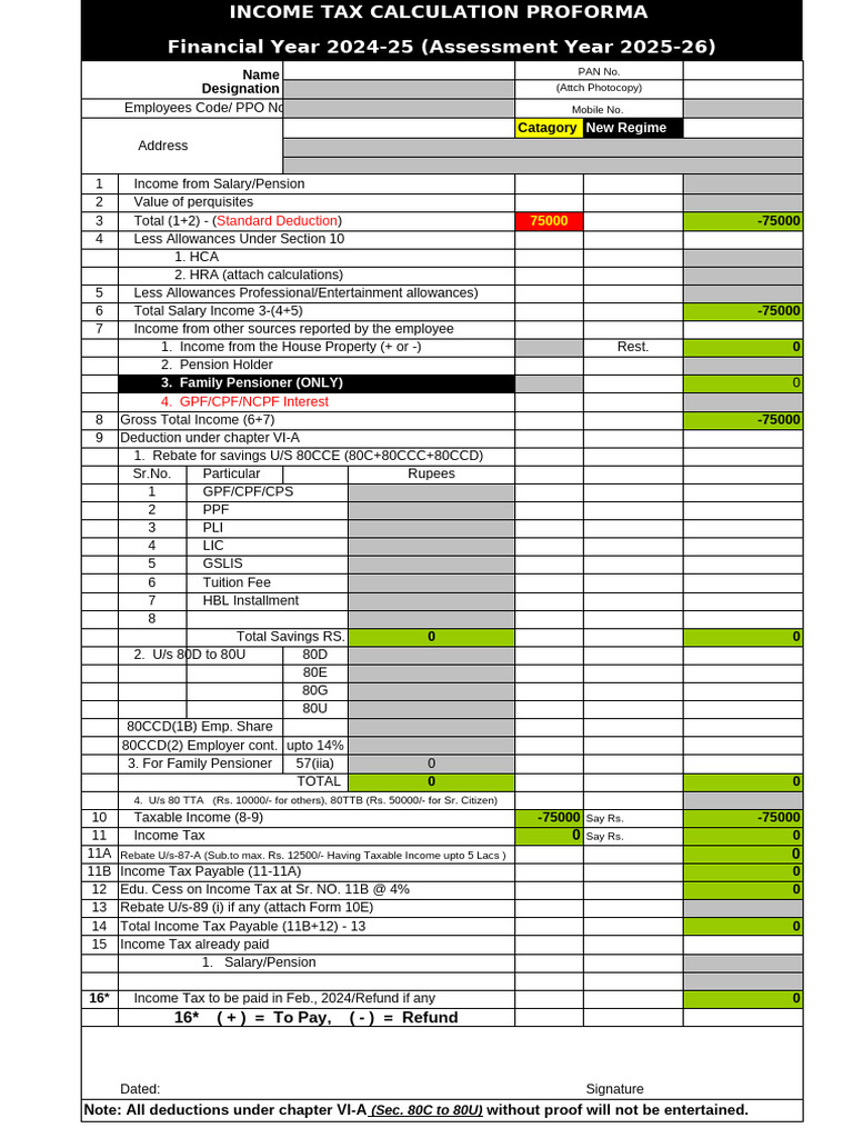 Income Tax Calculation Proforma Fy 2024 25 Ay 2025 26 | PDF | Taxation ...