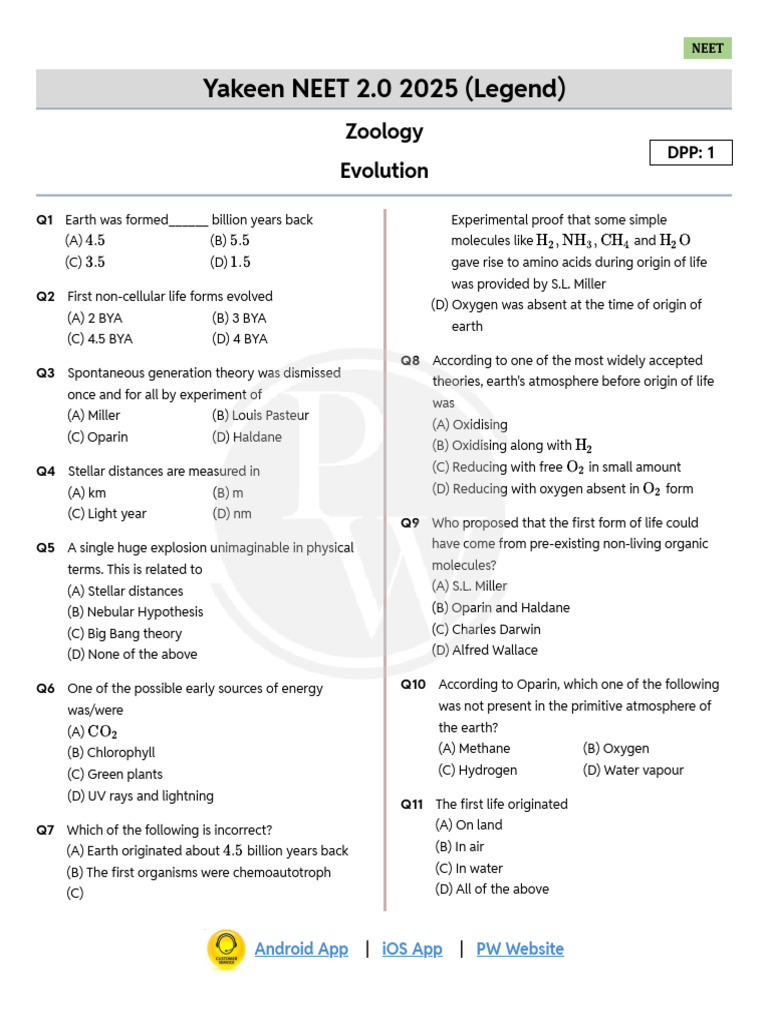 Evolution - DPP 01 (Of Lec-02) - Yakeen NEET 2.0 2025 (Legend) | PDF | Abiogenesis | Water Vapor