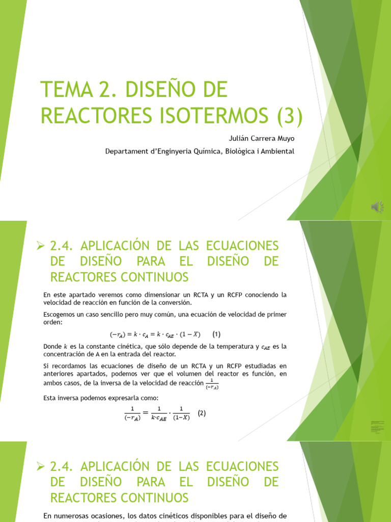 5 Equaciones de Diseño Continuos | PDF | Velocidad de reacción | Reactor Quimico