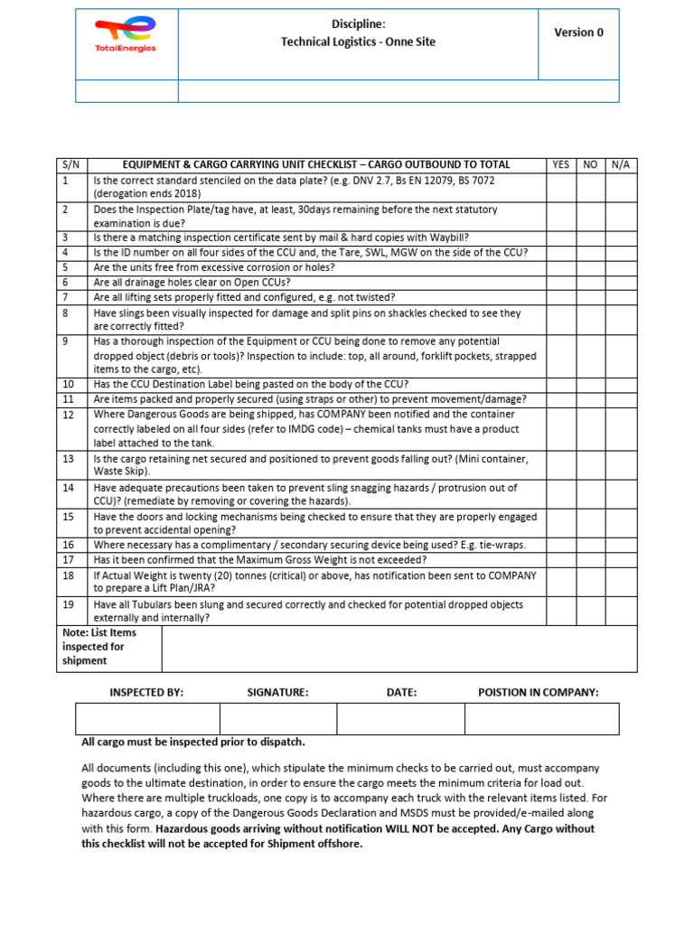 Cargo Pre-Loadout Inspection Checklist | PDF | Cargo