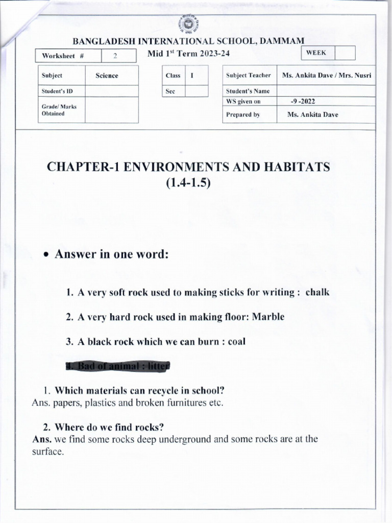Grade 1 Ws-2 Chap 1 Answers | PDF
