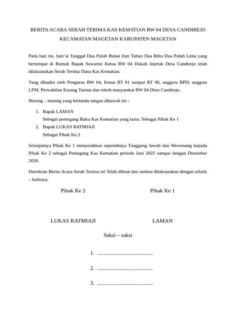 Serah Terima Kas Kematian RW 04 Candirejo | PDF