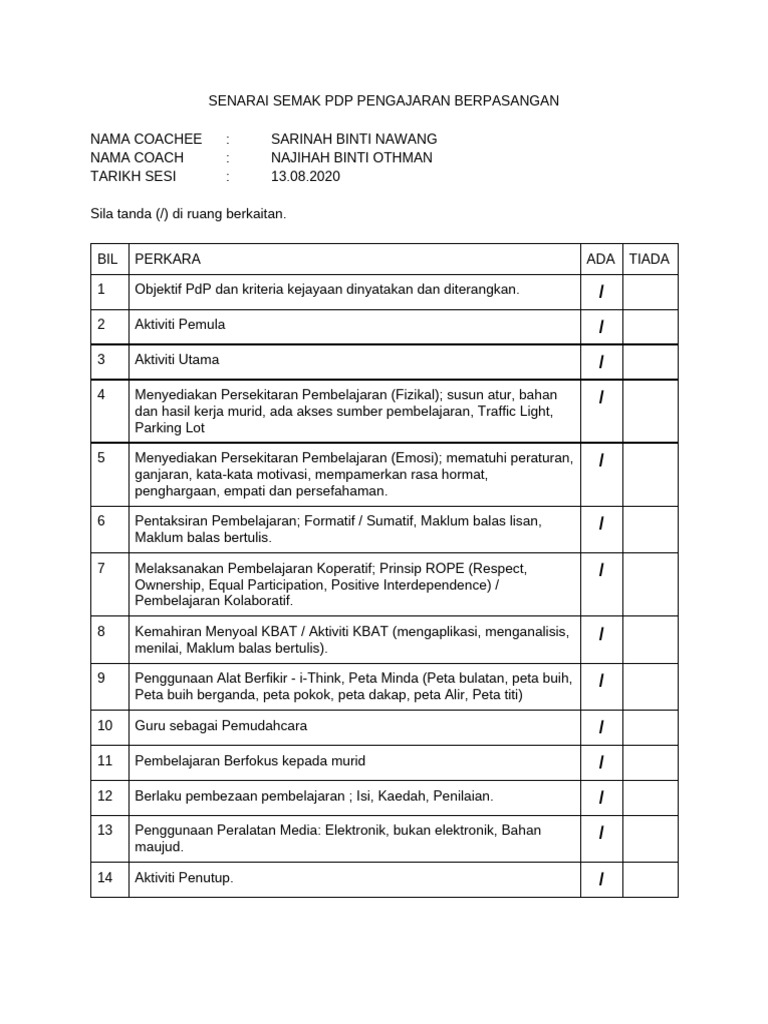 Senarai Semak PDPC Berpasangan | PDF