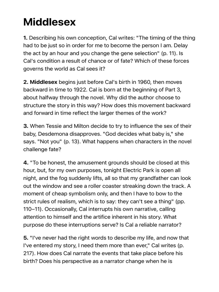Middlesex Book Club Discussion Questions | PDF