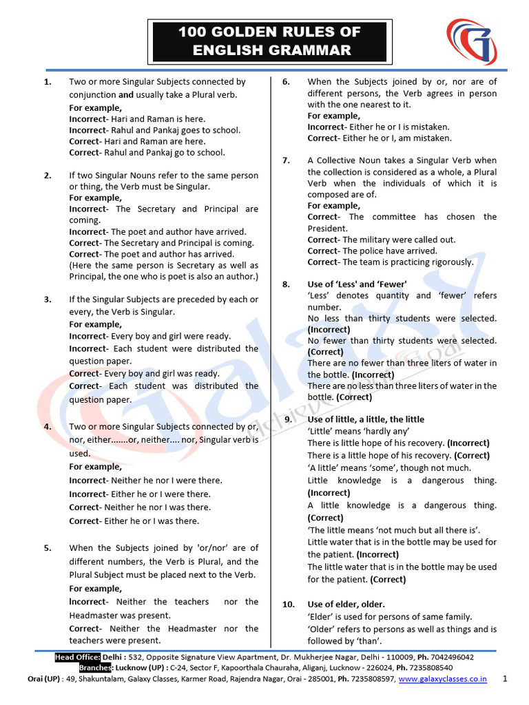 100 Golden Rules of English Grammar | PDF | Grammatical Number | Verb