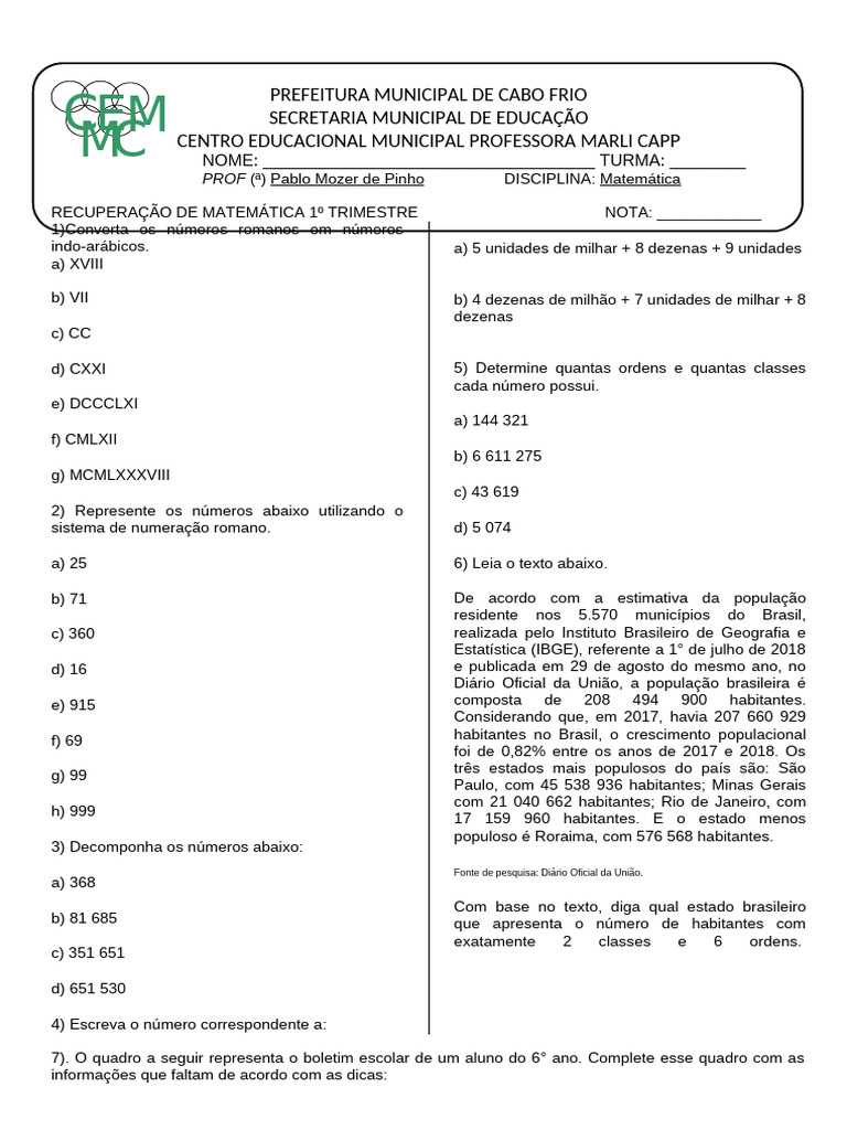606 - Prova - Mat - 5,0 Pontos - 1º Trimestre | PDF | Science | Matemática