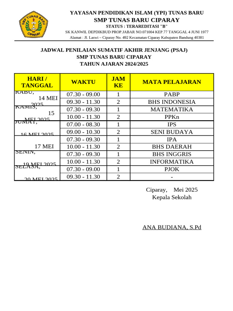 Jadwal Psaj 2425 Tb Frint | PDF
