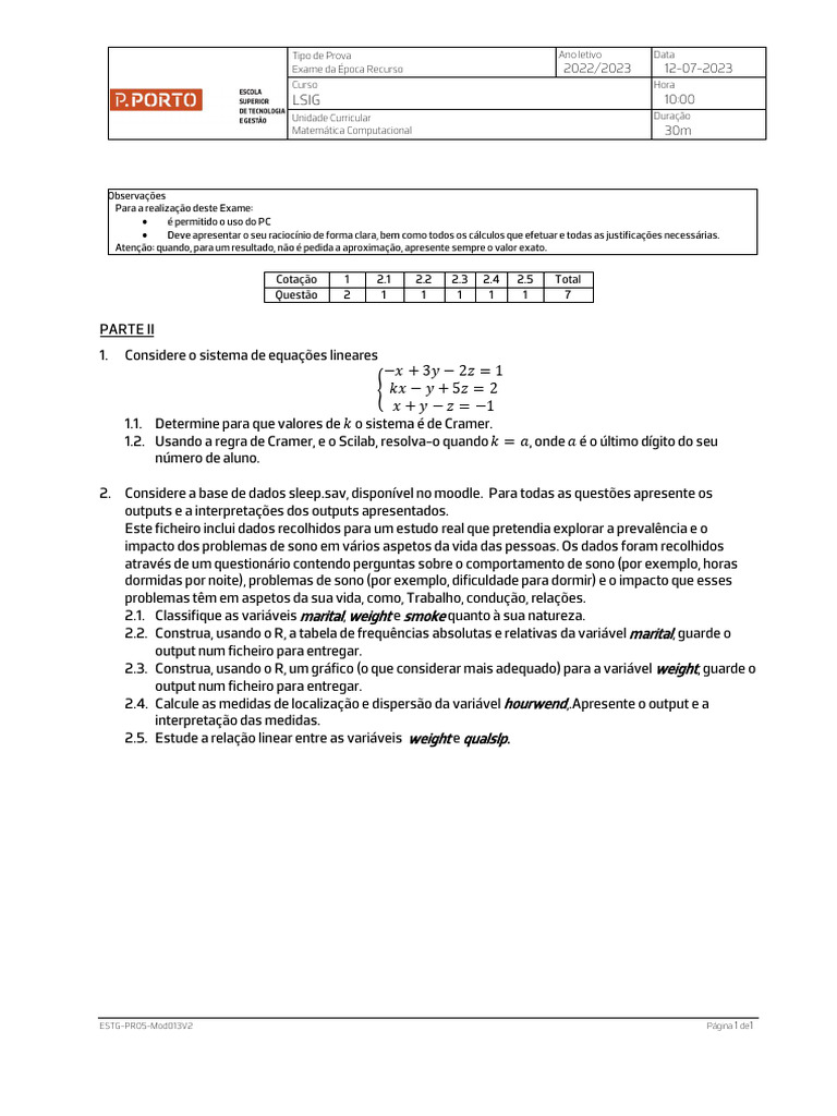 ESTG-PR05-Mod.013V2 - Prova Escrita - Exame - Recurso | PDF | Matemática