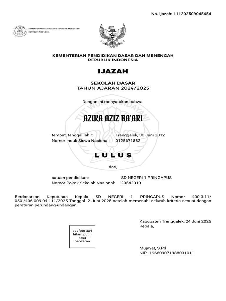 Ijazah Azika Aziz Ba'Ari | PDF