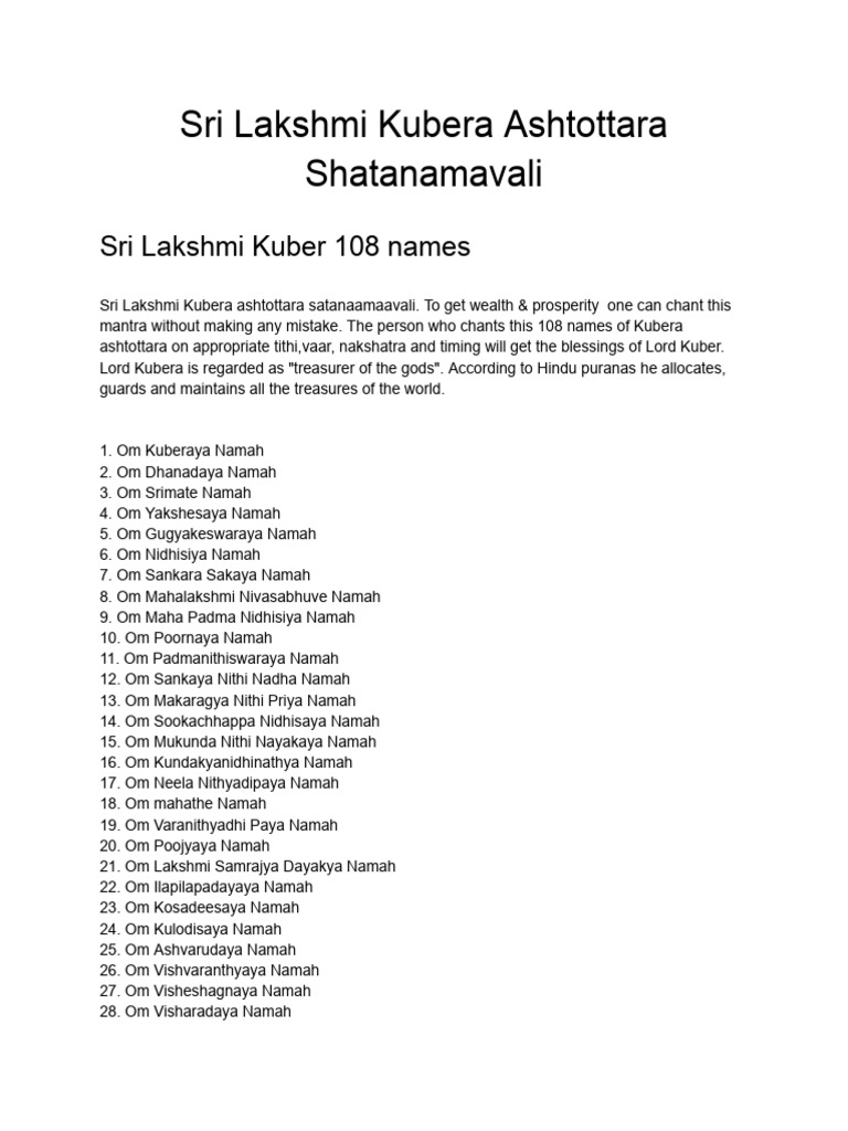 Sri Lakshmi Kubera Ashtottara Shatanamavali | PDF