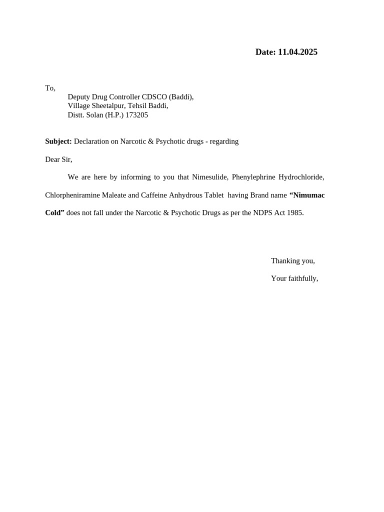 NDPS Declaration for Nimumac Cold | PDF