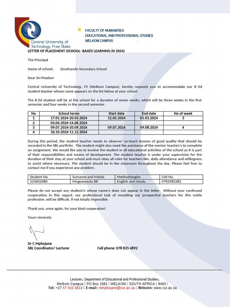 Student Teacher Placement Letter 2024 | PDF | Teachers | Human ...