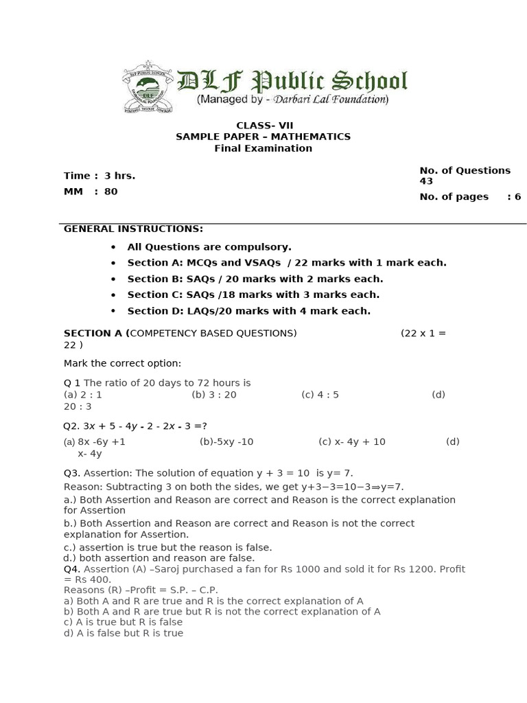 Maths Sample paper-ClassVII | PDF | Area | Circle
