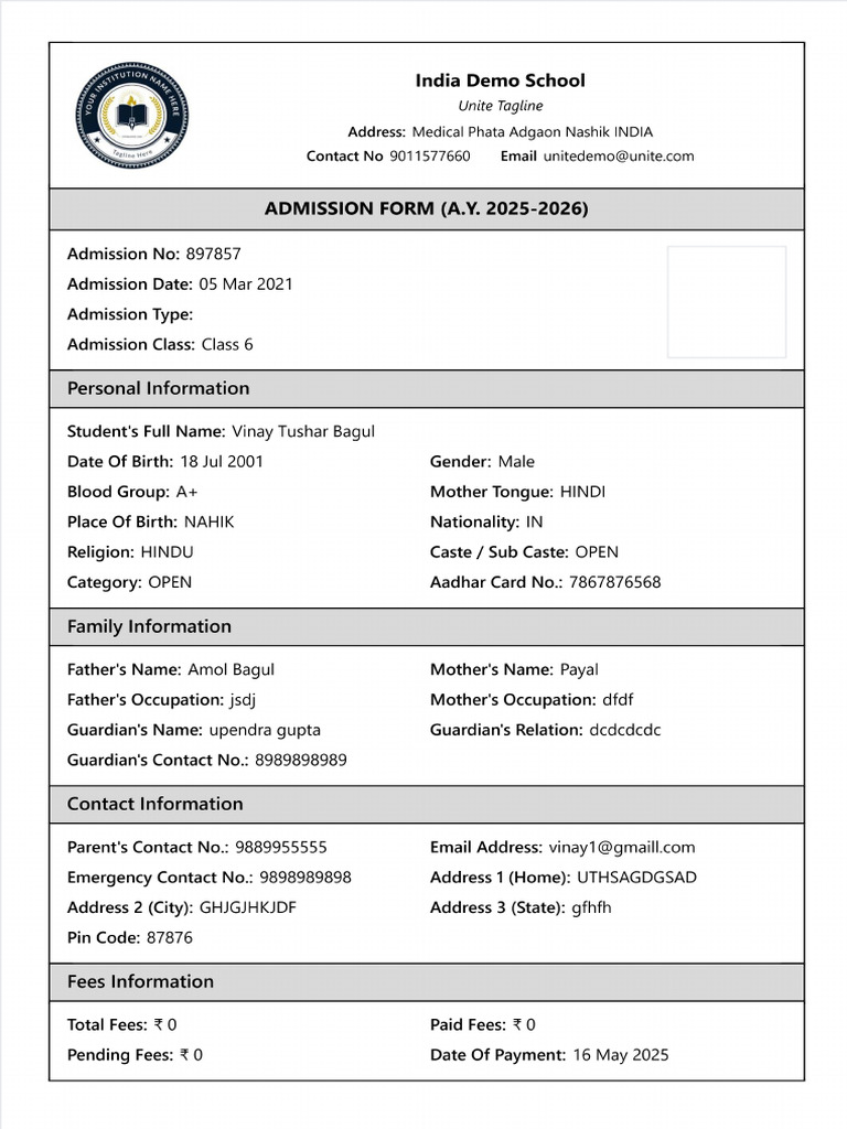 Vinay Tushar Bagul 1 Admission Form | PDF