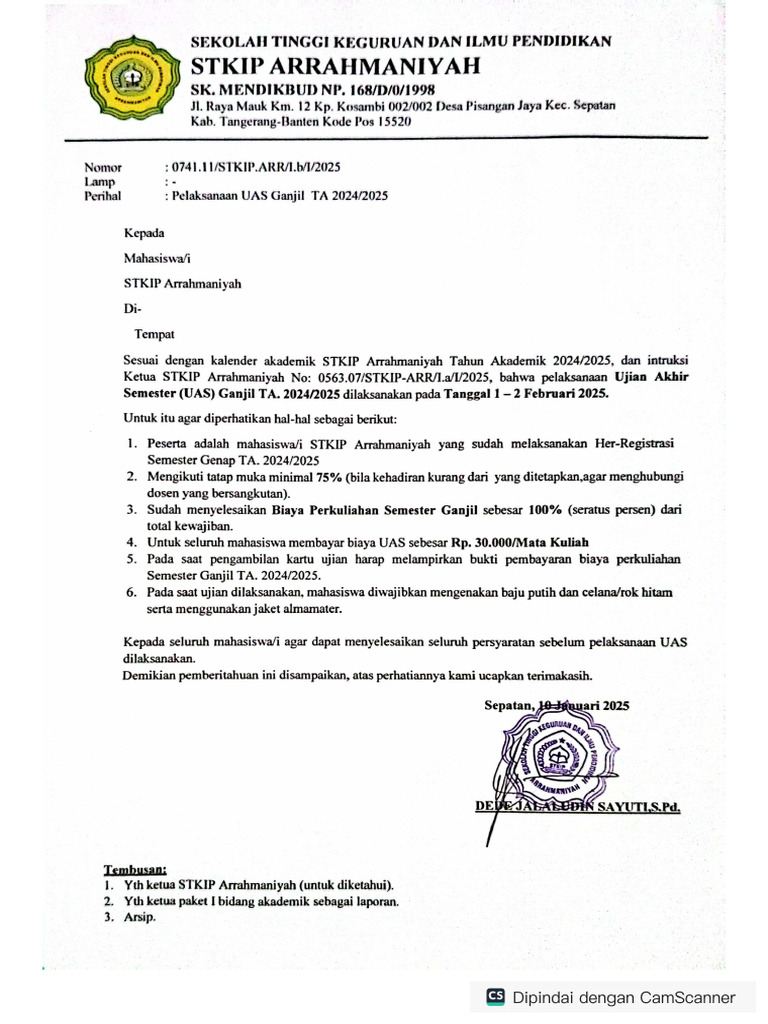 Surat Pemberitahuan UAS Ganjil 2025 | PDF