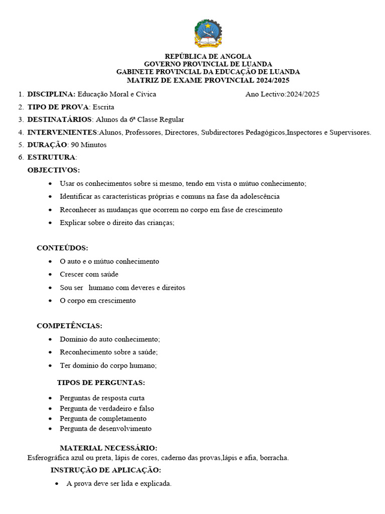 Matriz de Exame EMC 6ª Classe 2024/2025 | PDF