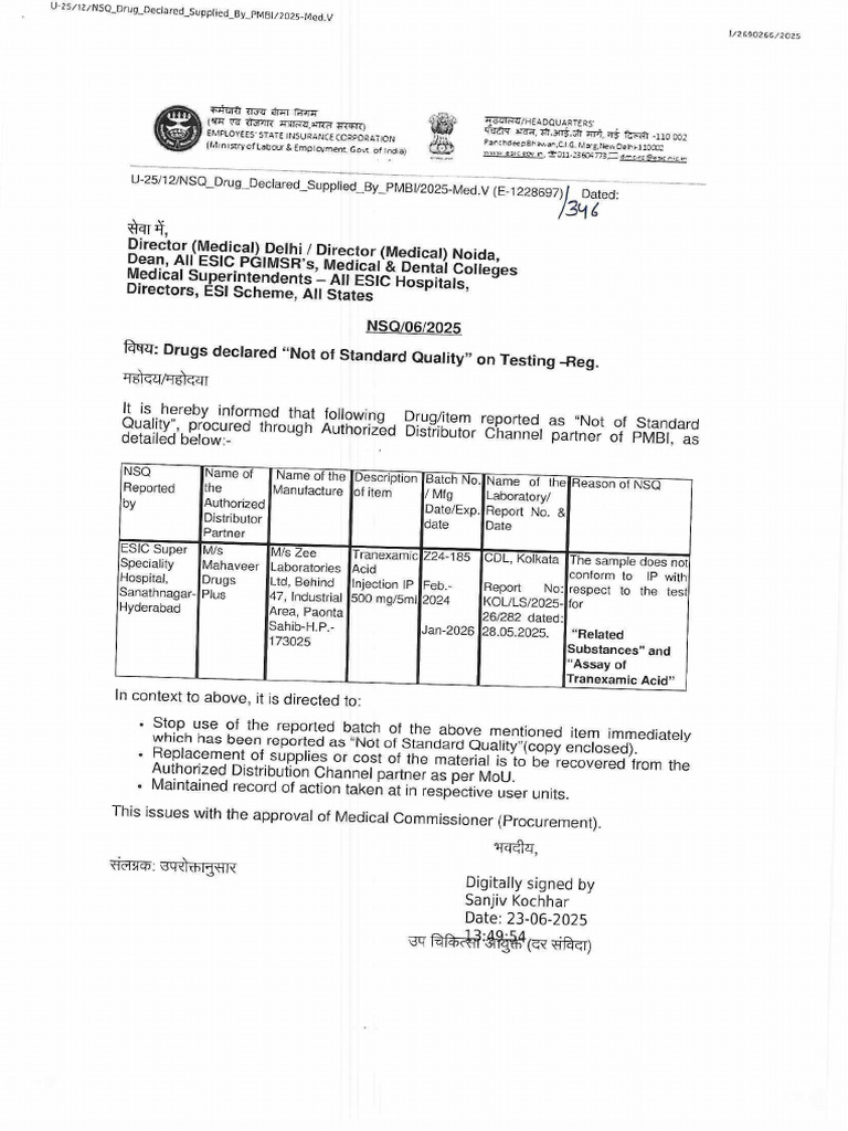 ESIC Issued Notification Regrading Drugs | PDF