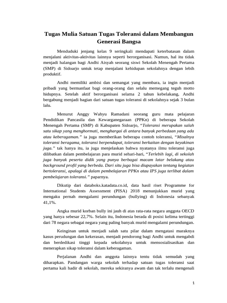 Tugas Mulia Satuan Tugas Toleransi Dalam Membangun Generasi Bangsa | PDF