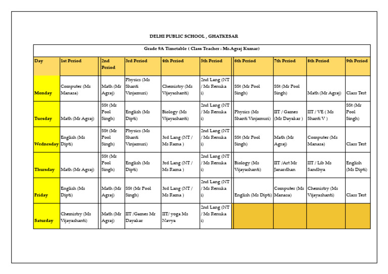 Grade 9A Class Time Table | PDF