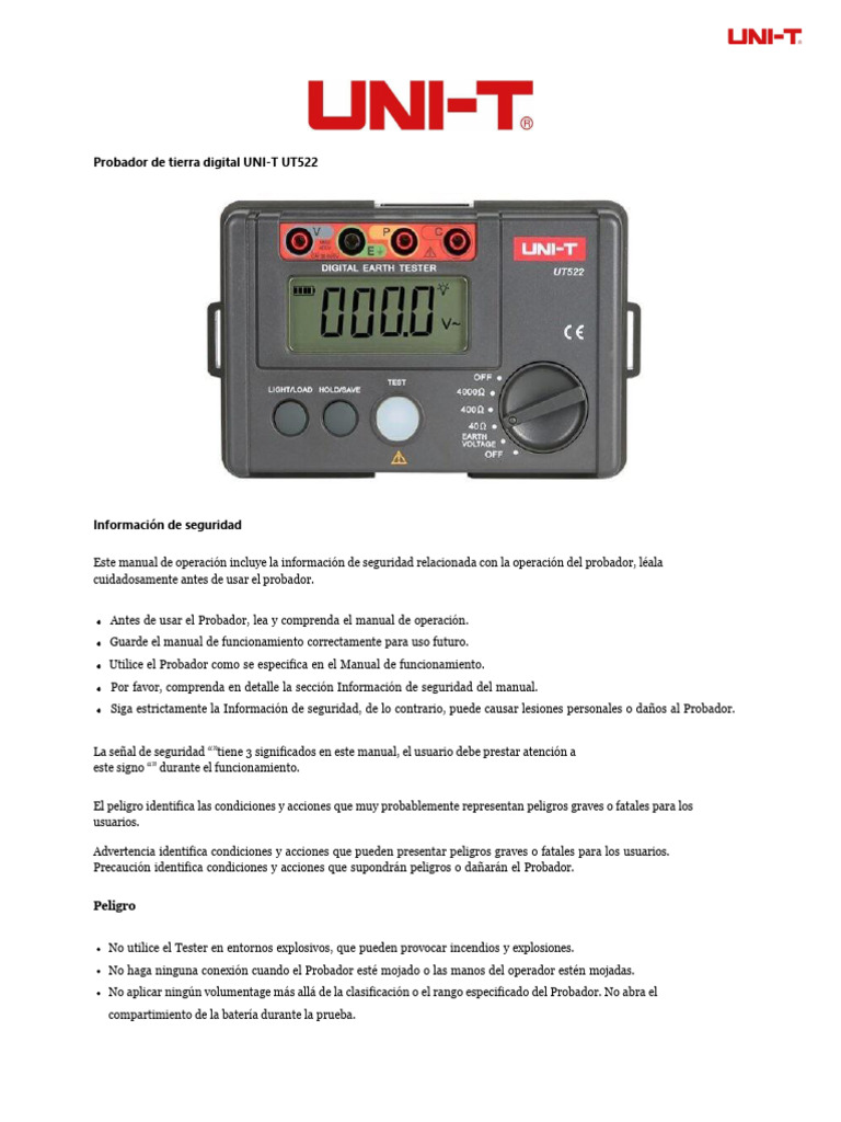 Manual del UNI-T UT522: Probador de Tierra | PDF | Resistor | Cambiar
