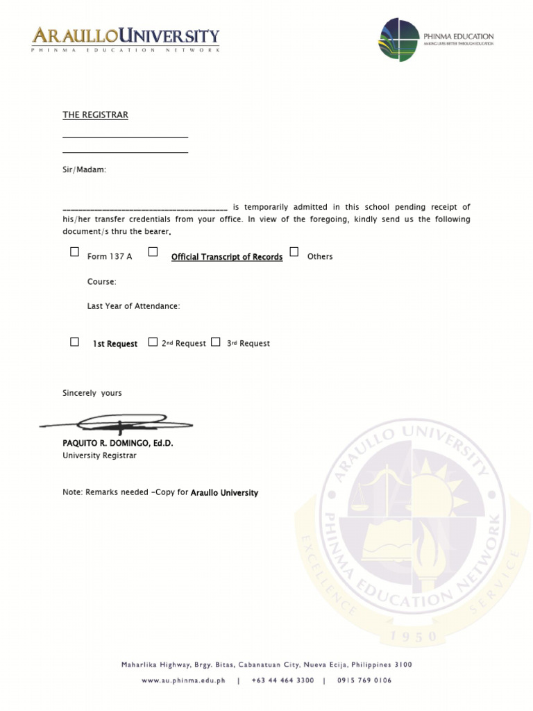 TOR Request From School of Origin With Copy For PHINMA AU Remarks 1 | PDF